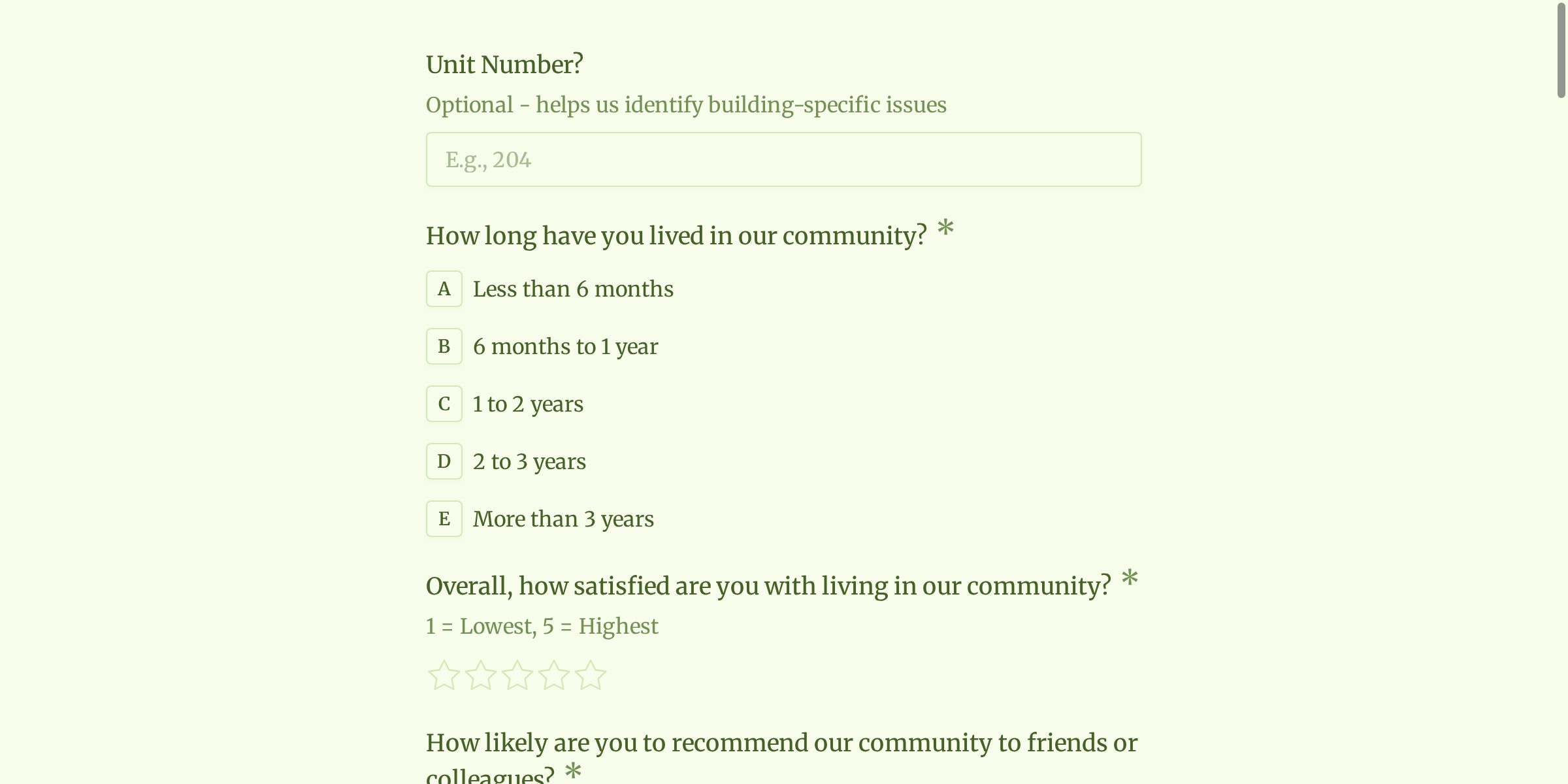 Resident Satisfaction Survey Form for Apartment Communities