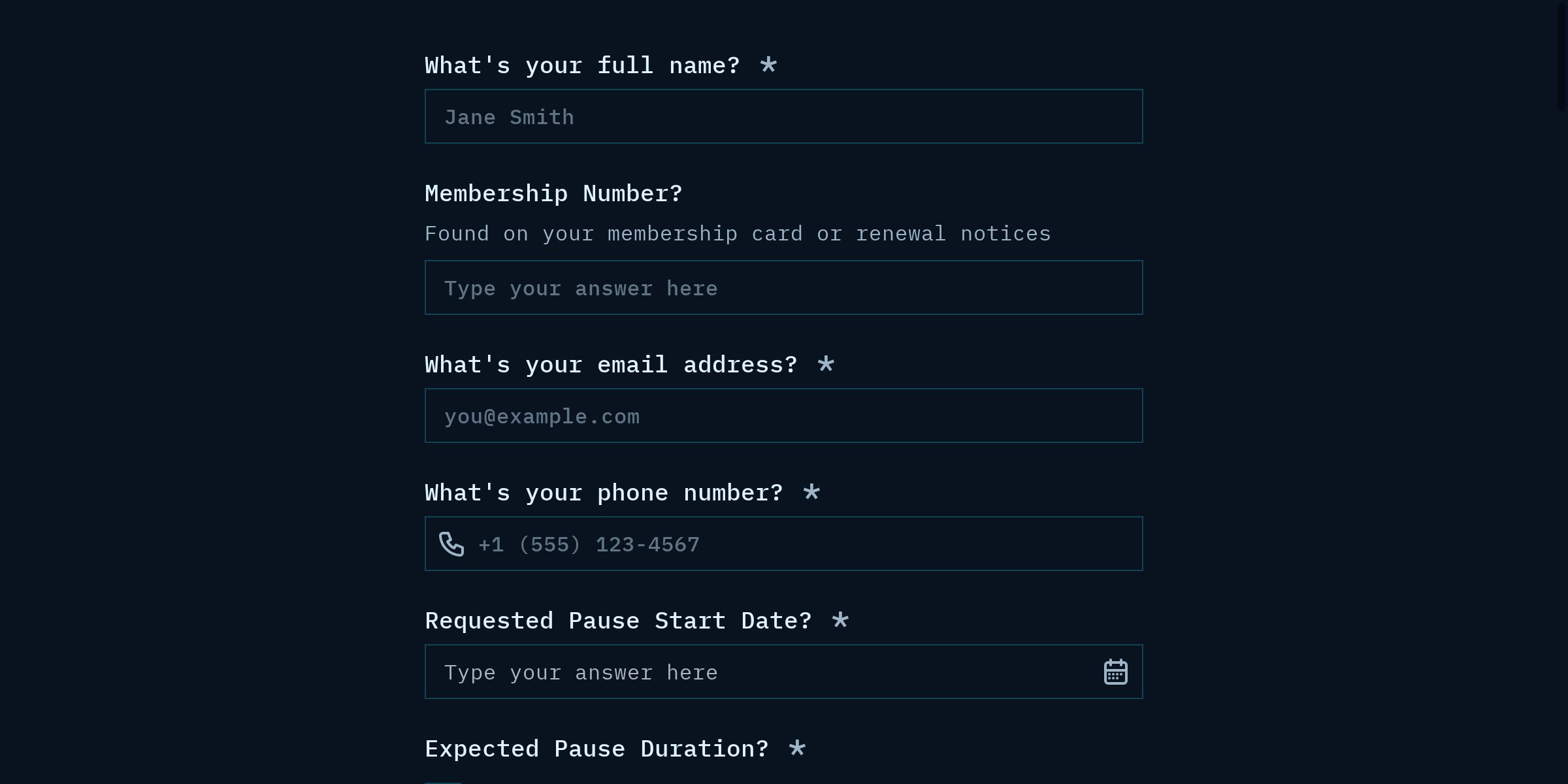 Membership Pause Request Change Request Form