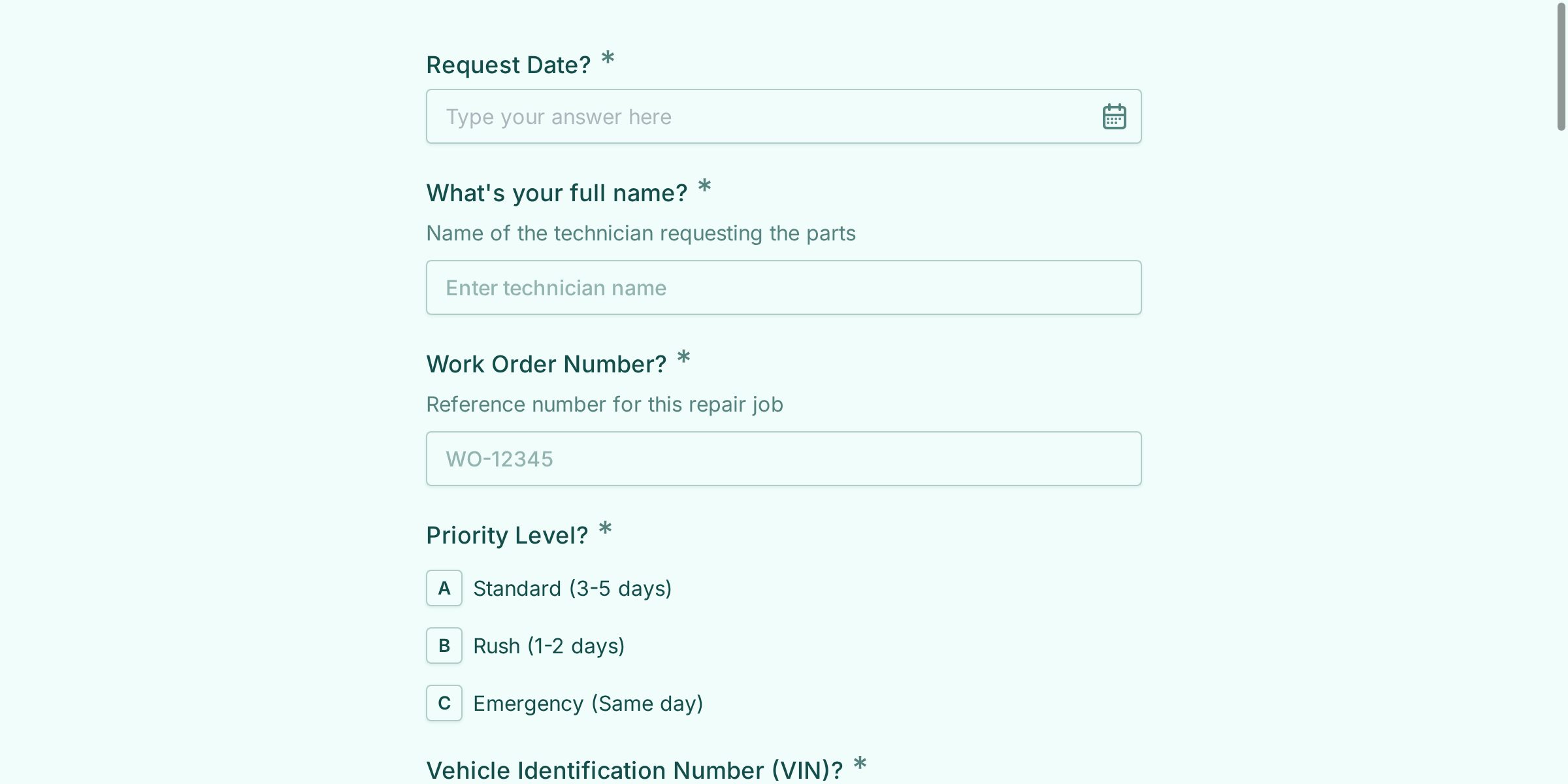 Automotive Parts Request Form Template for Repair Shops