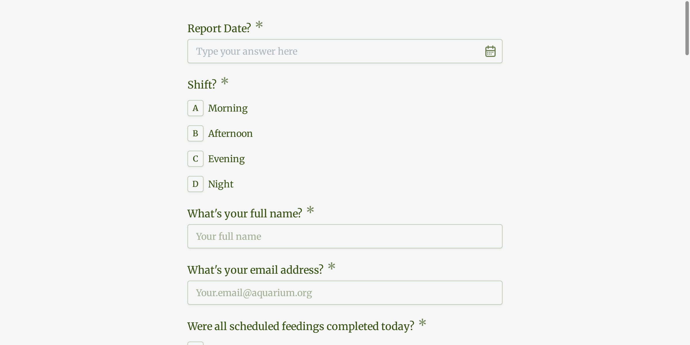 Aquarium Daily Husbandry Report Incident Report Form